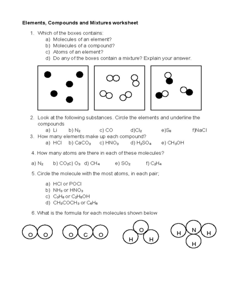 Elements, Compounds & Mixtures Chemistry Worksheet with Answers
