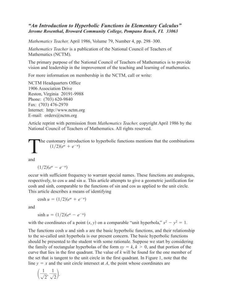 Hyperbolic Functions in Elementary Calculus