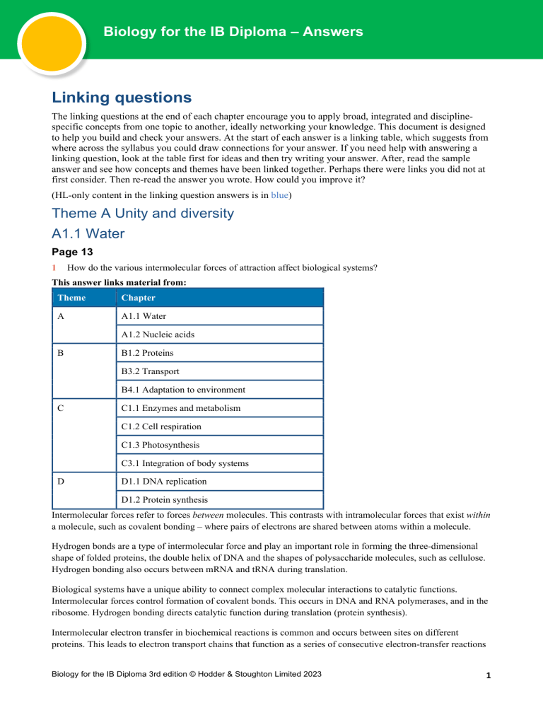 IB Biology Diploma: Linking Questions Answer Key