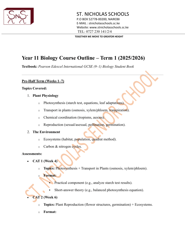 Year 11 Biology Course Outline - St. Nicholas Schools