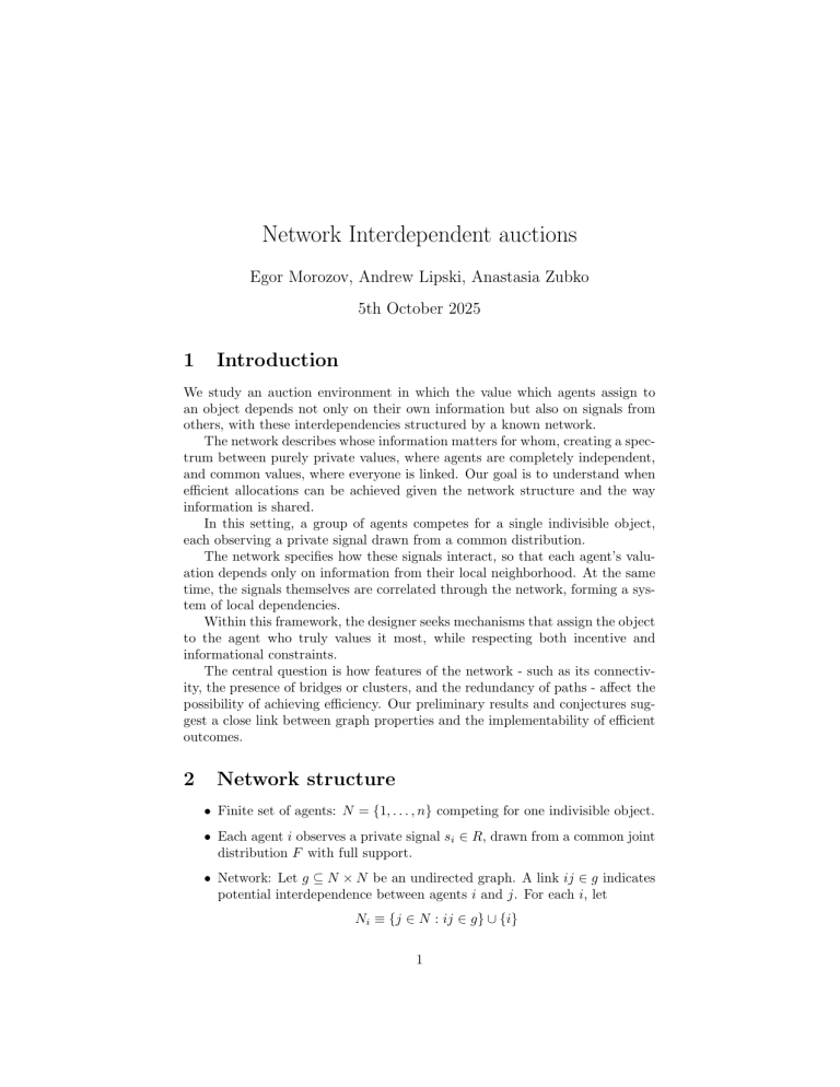Network Interdependent Auctions: Efficiency, Game Theory & Networks