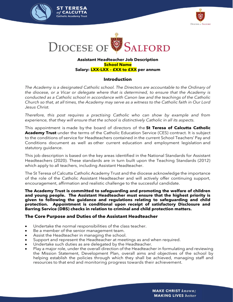 Assistant Headteacher Job Description - Catholic School
