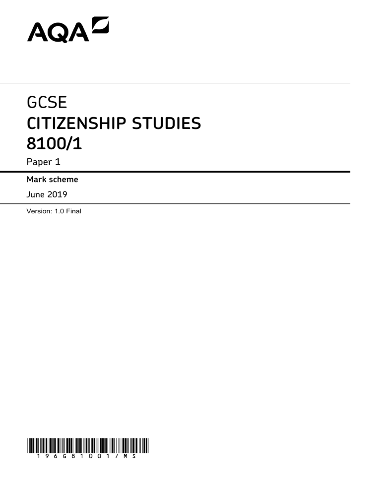 GCSE Citizenship Studies 8100/1 Mark Scheme June 2019