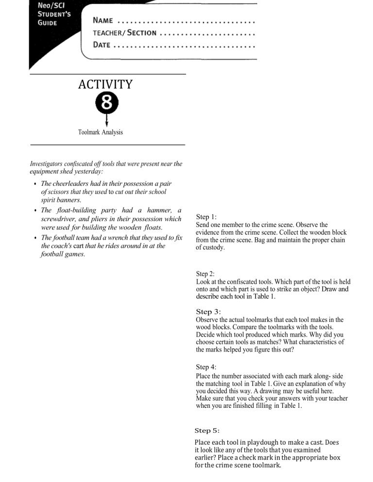 Toolmark Analysis Activity: Forensic Science Worksheet