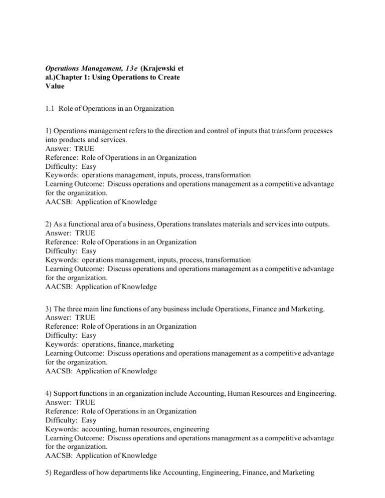 Operations Management Test Bank: Chapter 1 Questions