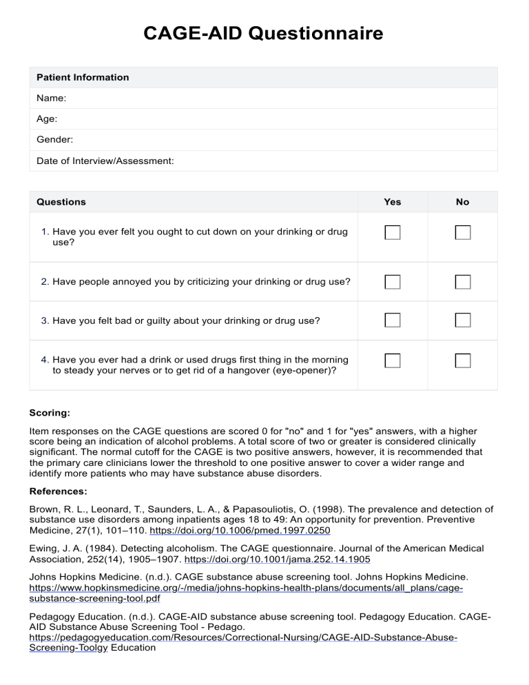 CAGE-AID Questionnaire: Substance Abuse Screening Tool