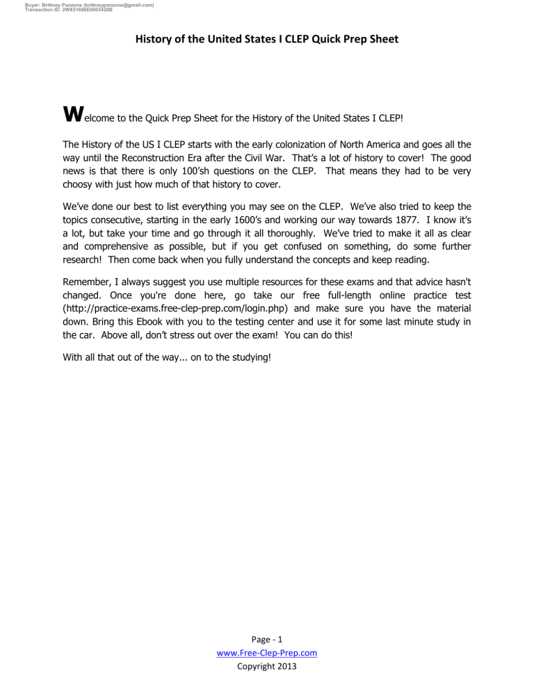 History of US I CLEP Quick Prep Sheet - Study Guide