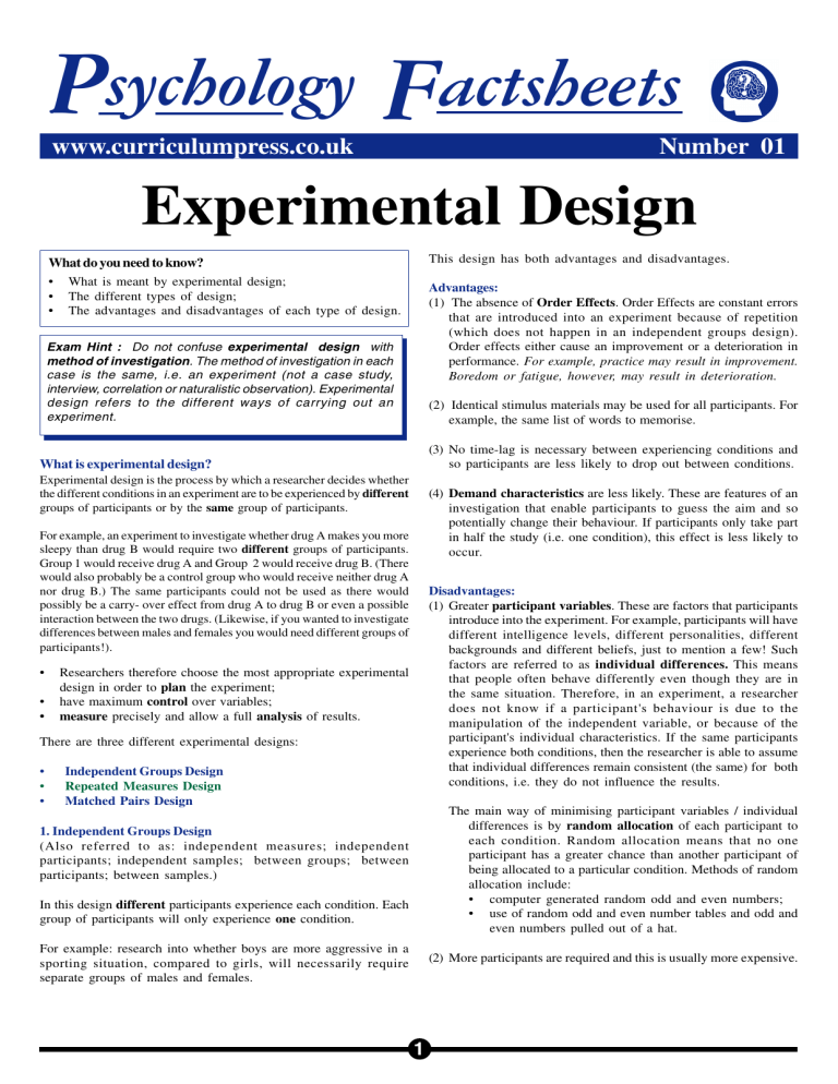 Experimental Design: Psychology Factsheet