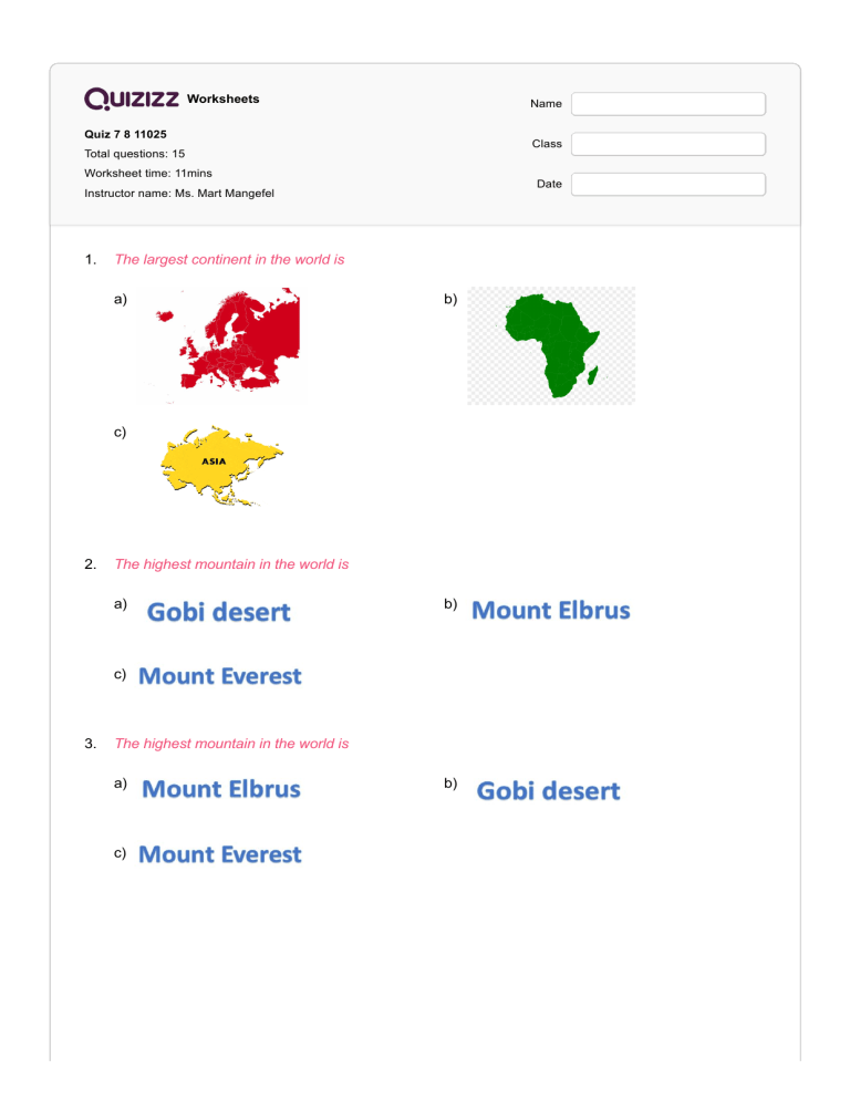 Geography Quiz: Continents, Mountains, Deserts & Rivers Worksheet