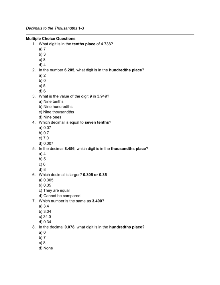 Decimals to Thousandths Place Value Worksheet