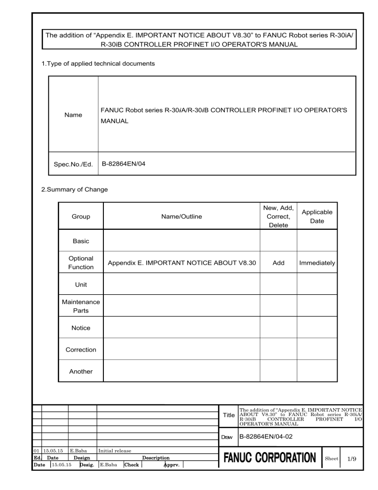 FANUC Robot PROFINET I/O Manual Update: V8.30 Notice
