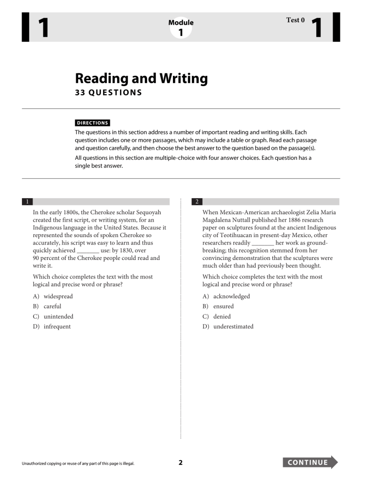 Reading and Writing Practice Test - Module 1 (33 Questions)