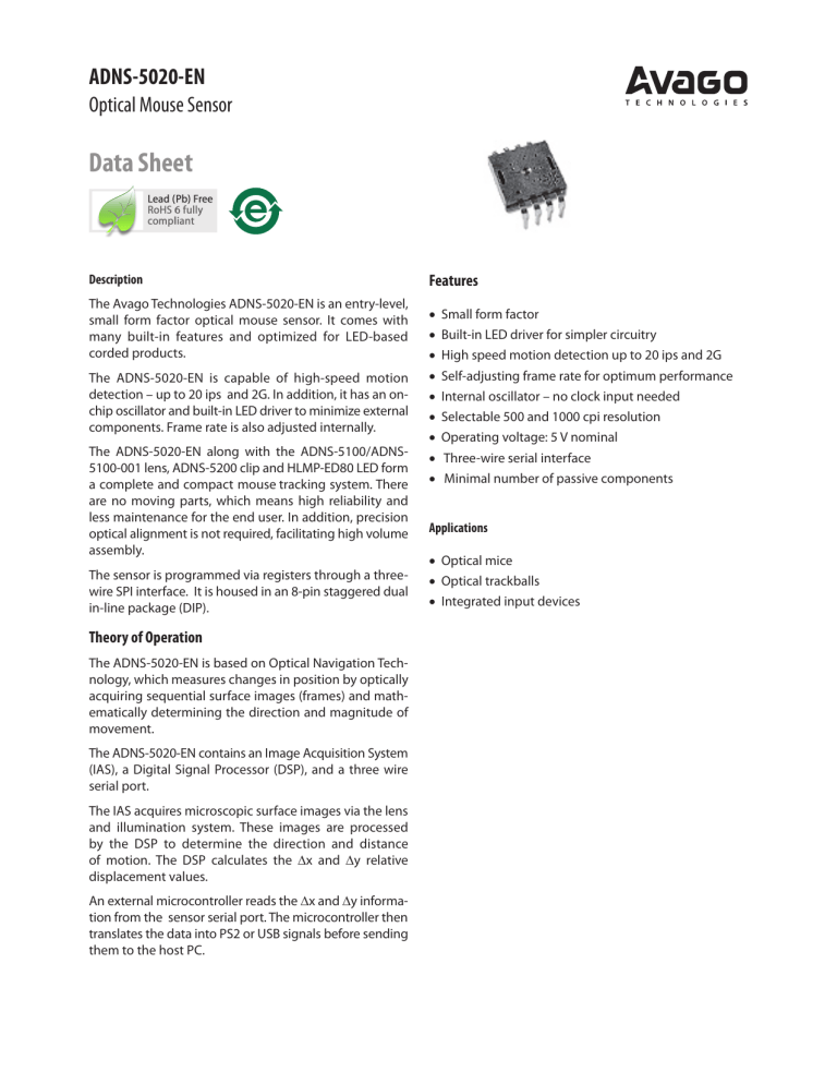 ADNS-5020-EN Optical Mouse Sensor Data Sheet