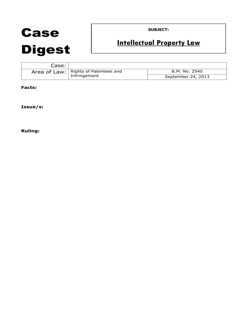 Case Digest: Intellectual Property Law - Rights of Patentees & Infringement