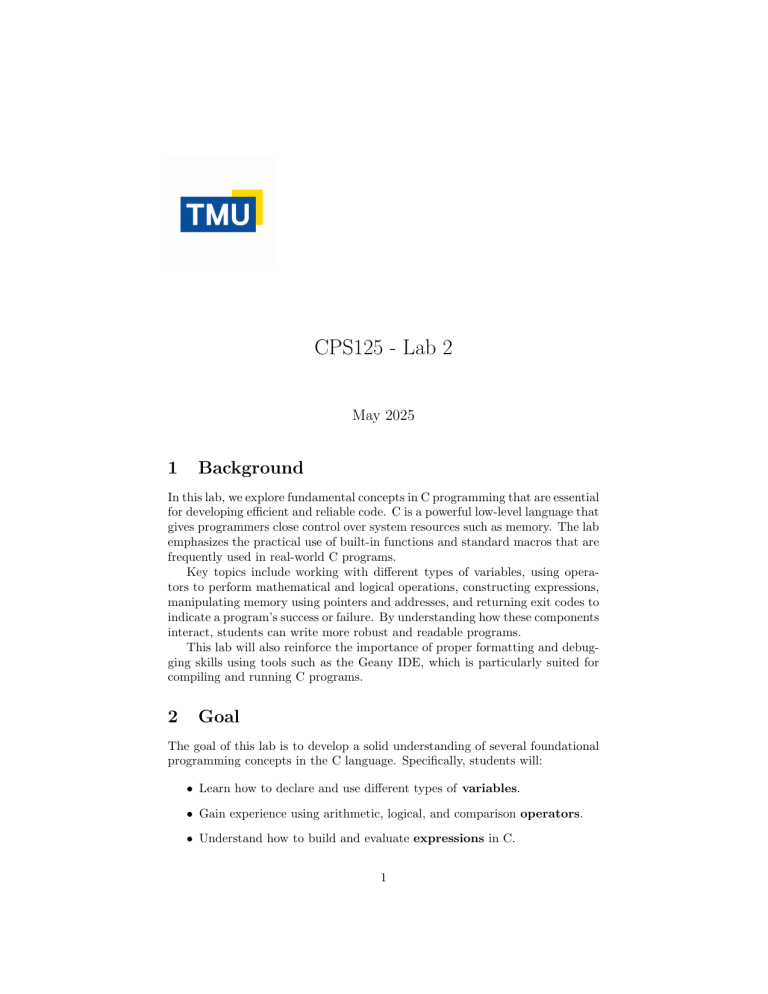 CPS125 Lab 2: C Programming Fundamentals & Exercises (May 2025)