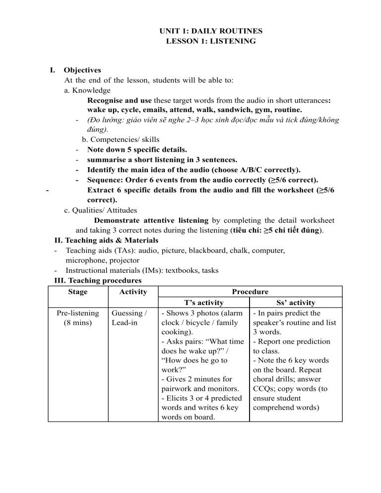 Daily Routines English Listening Lesson Plan: Objectives & Activities