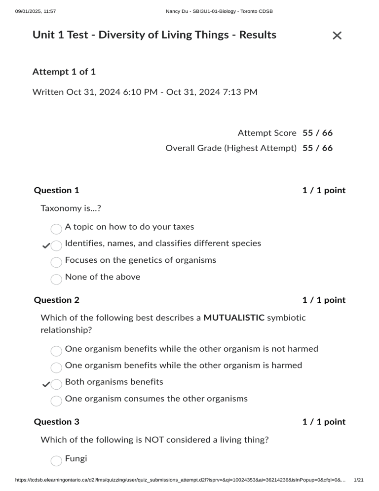 Unit 1 Biology Test Results: Diversity of Living Things - SBI3U1