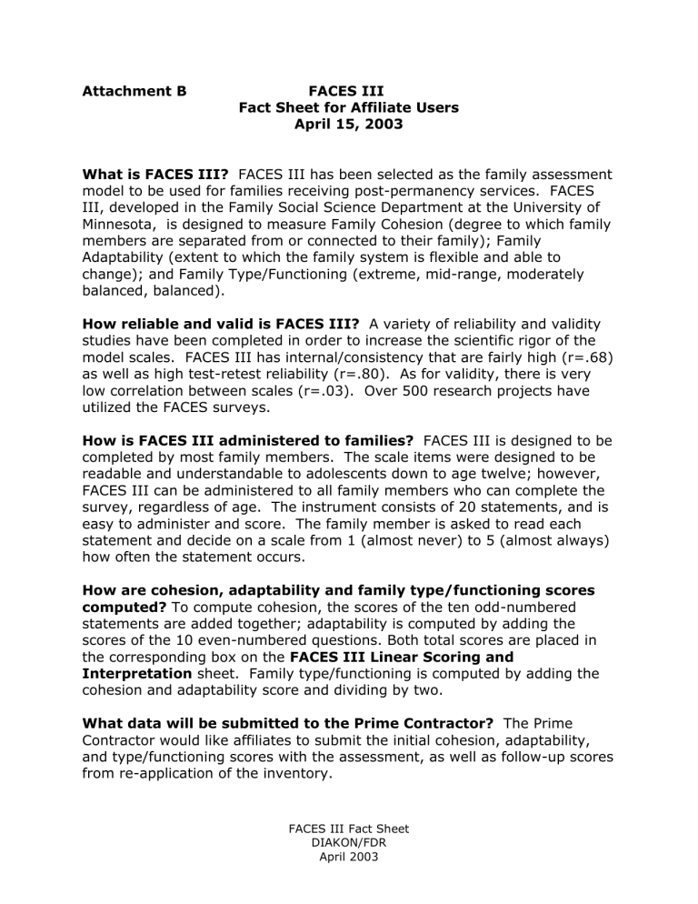 FACES III Fact Sheet: Family Assessment Model, Scoring & Interpretation