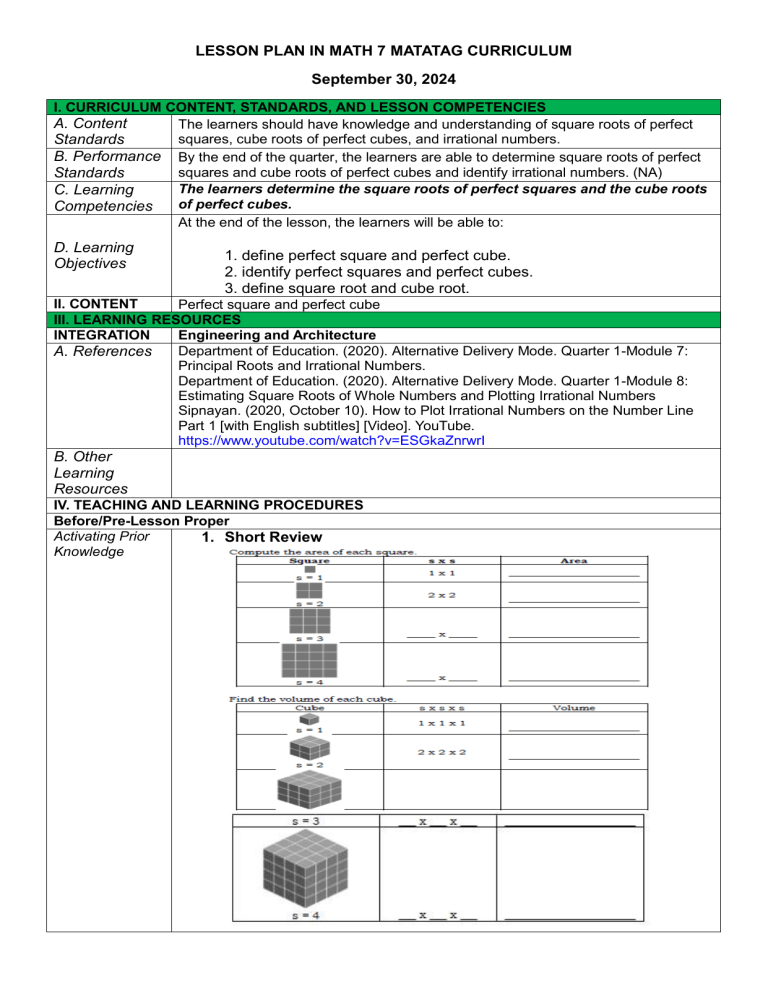 Math 7: Square & Cube Roots Lesson Plan