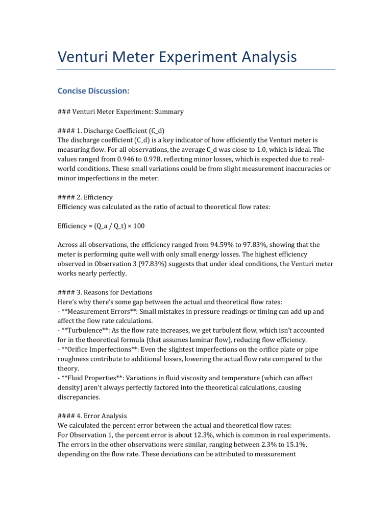Venturi Meter Experiment Analysis: Discharge Coefficient & Efficiency