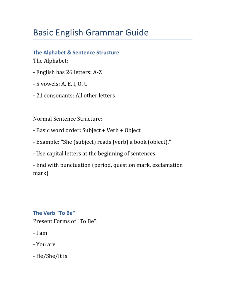 Basic English Grammar Guide: Alphabet, Sentences, Verbs, Nouns & More