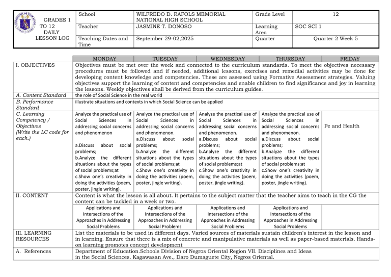 Grade 12 Social Science Lesson Log: Social Problems