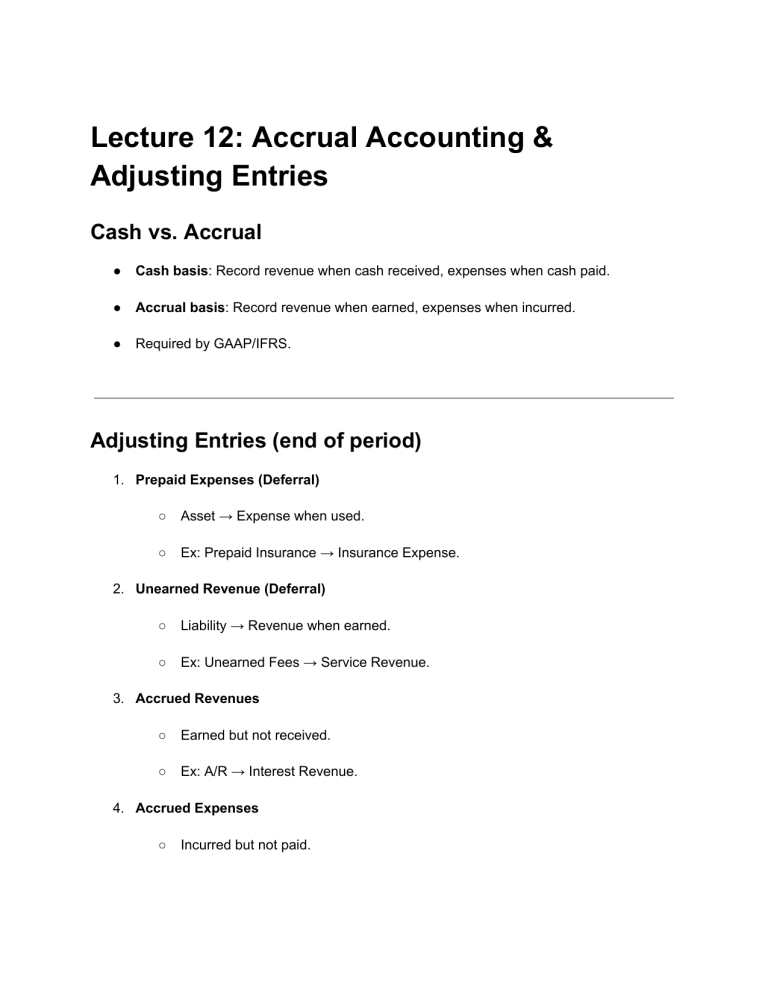 Accrual Accounting & Adjusting Entries: Lecture 12 Guide