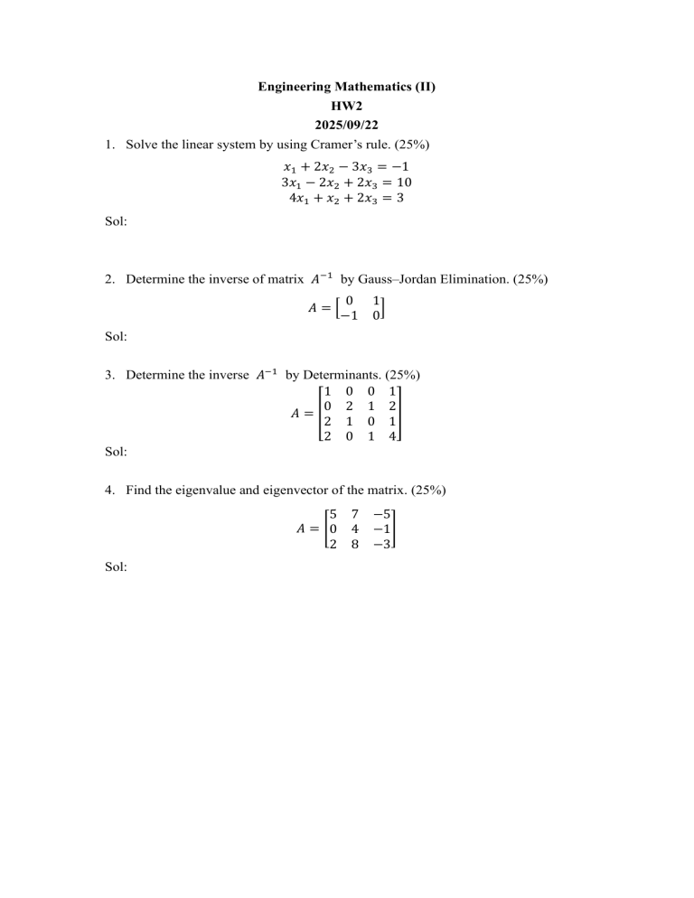 Engineering Math HW: Linear Systems, Inverses, Eigenvalues