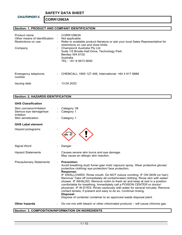 CORR12963A Safety Data Sheet - Chemical Hazards & Safety