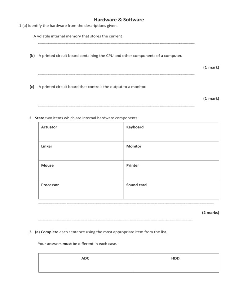 Hardware & Software Worksheet