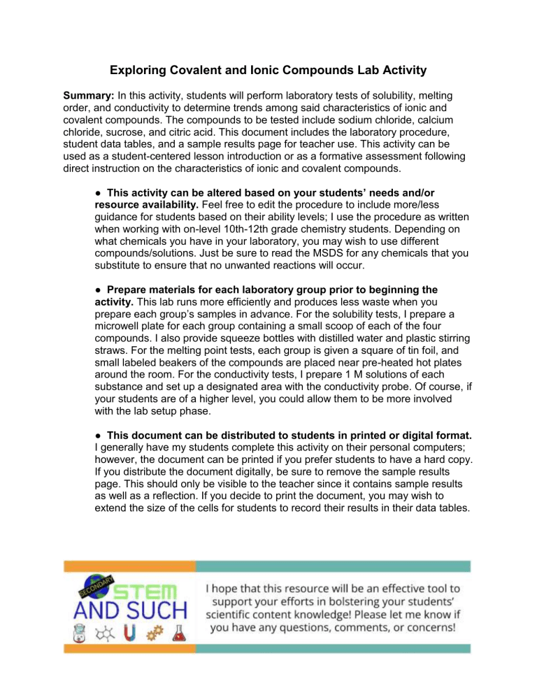 Covalent & Ionic Compounds Lab Activity for High School