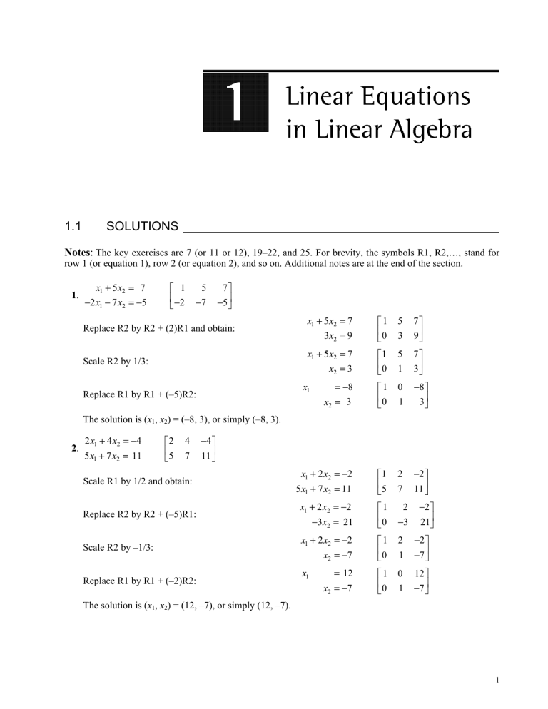 Linear Equations in Linear Algebra Solutions - Exercises 1.1