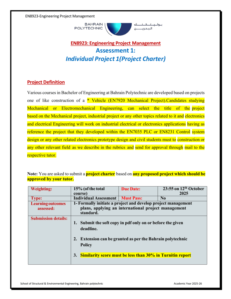 Engineering Project Management: Project Charter Assessment Brief