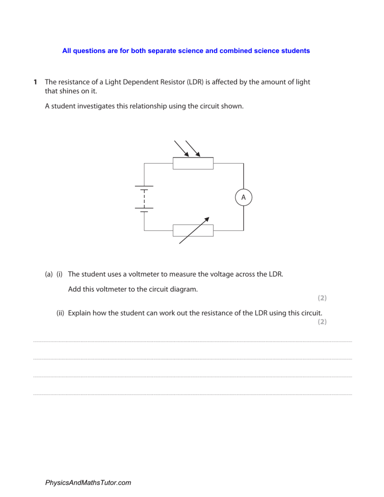Physics LDR & Electrical Circuits Questions | High School Exam Prep