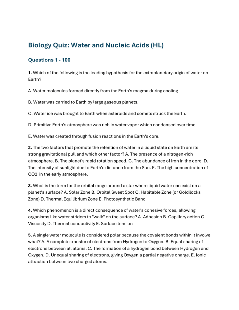Biology Quiz: Water & Nucleic Acids (HL)
