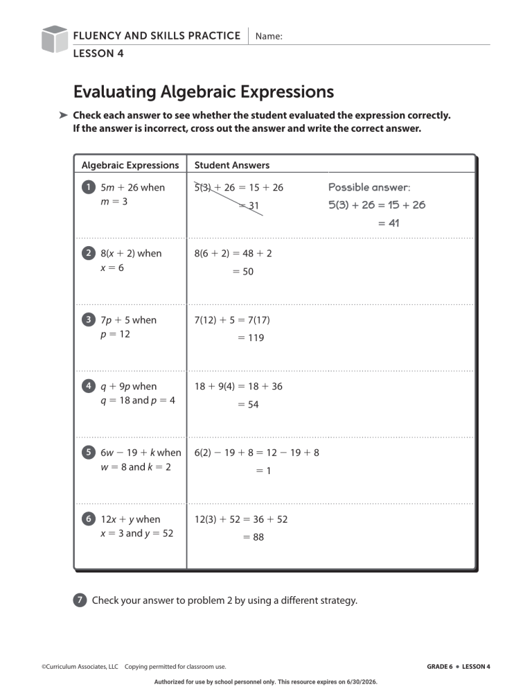 Evaluating Algebraic Expressions Worksheet