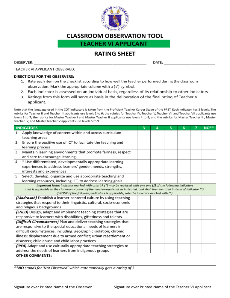 Teacher VI Applicant Classroom Observation Rating Sheet - DepEd