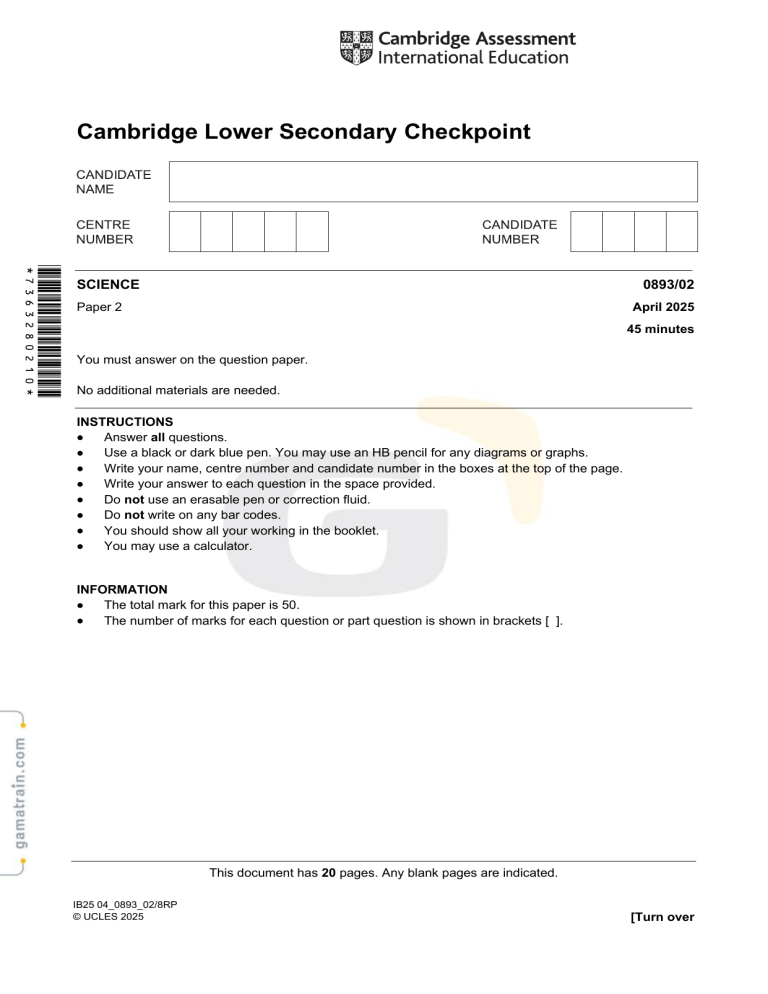 Middle School Science Checkpoint Exam Paper