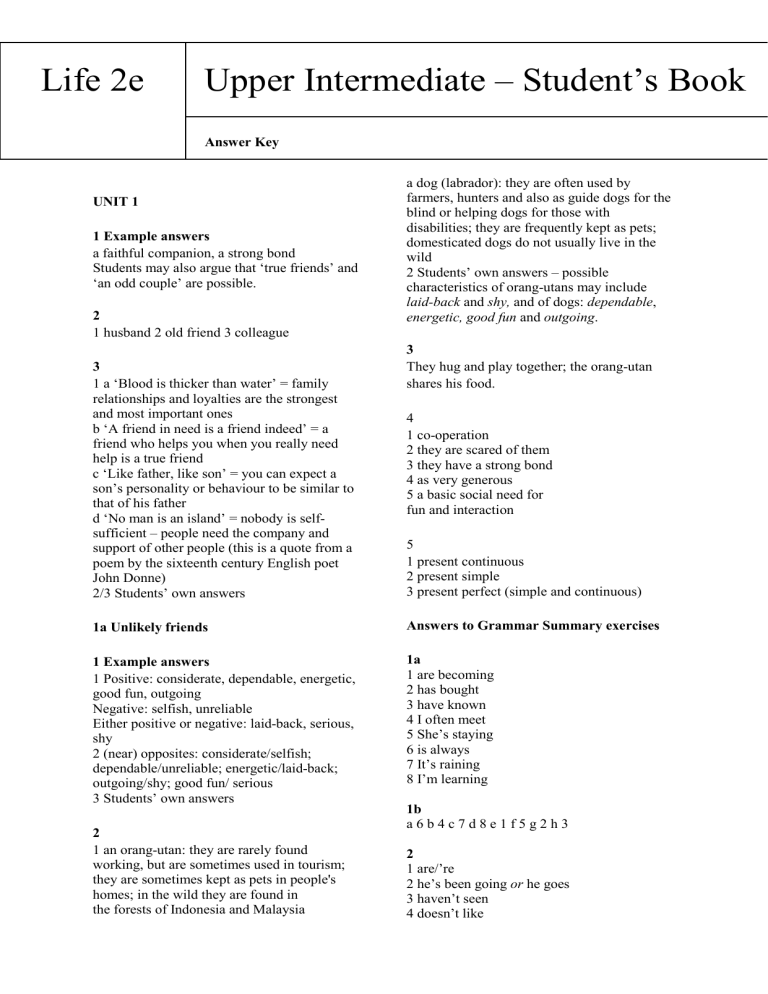 Life 2e Upper Intermediate Student's Book Answer Key - Unit 1