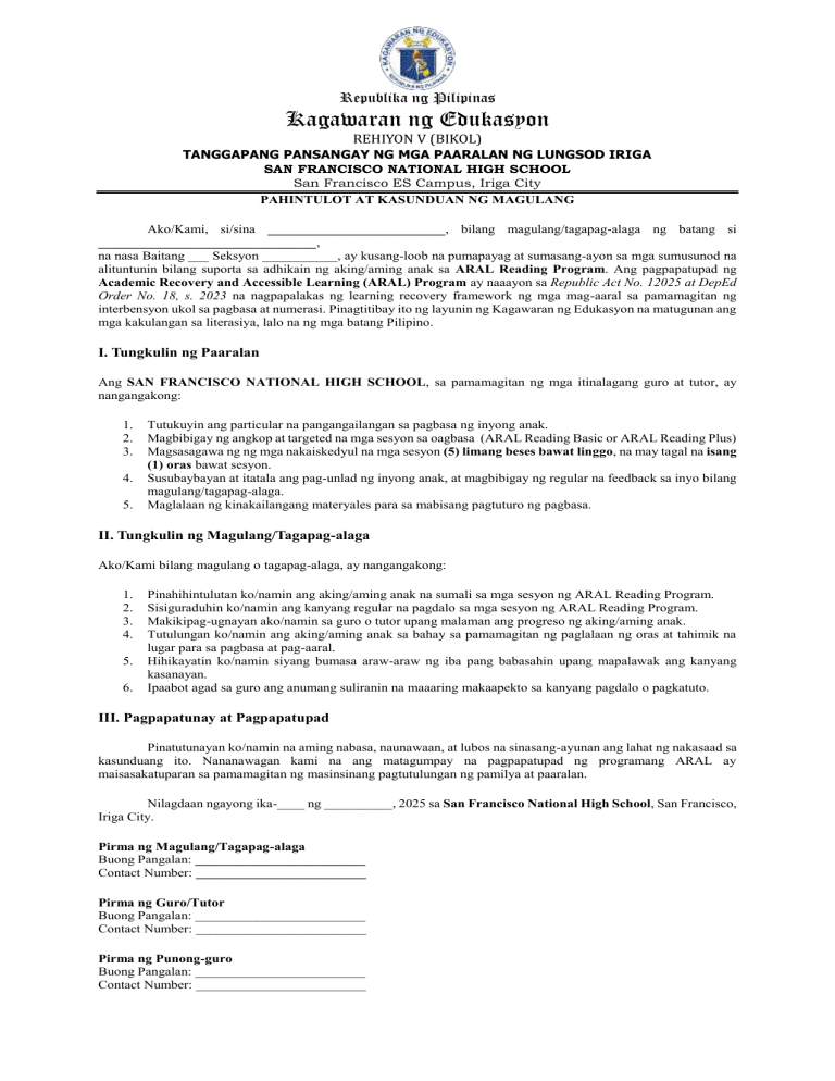 Parental Consent & Agreement for ARAL Reading Program - San Francisco NHS