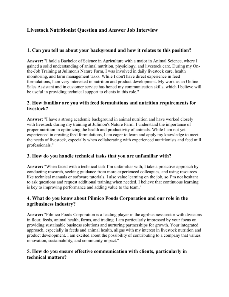 Livestock Nutritionist Interview Q&A | Job Prep Guide