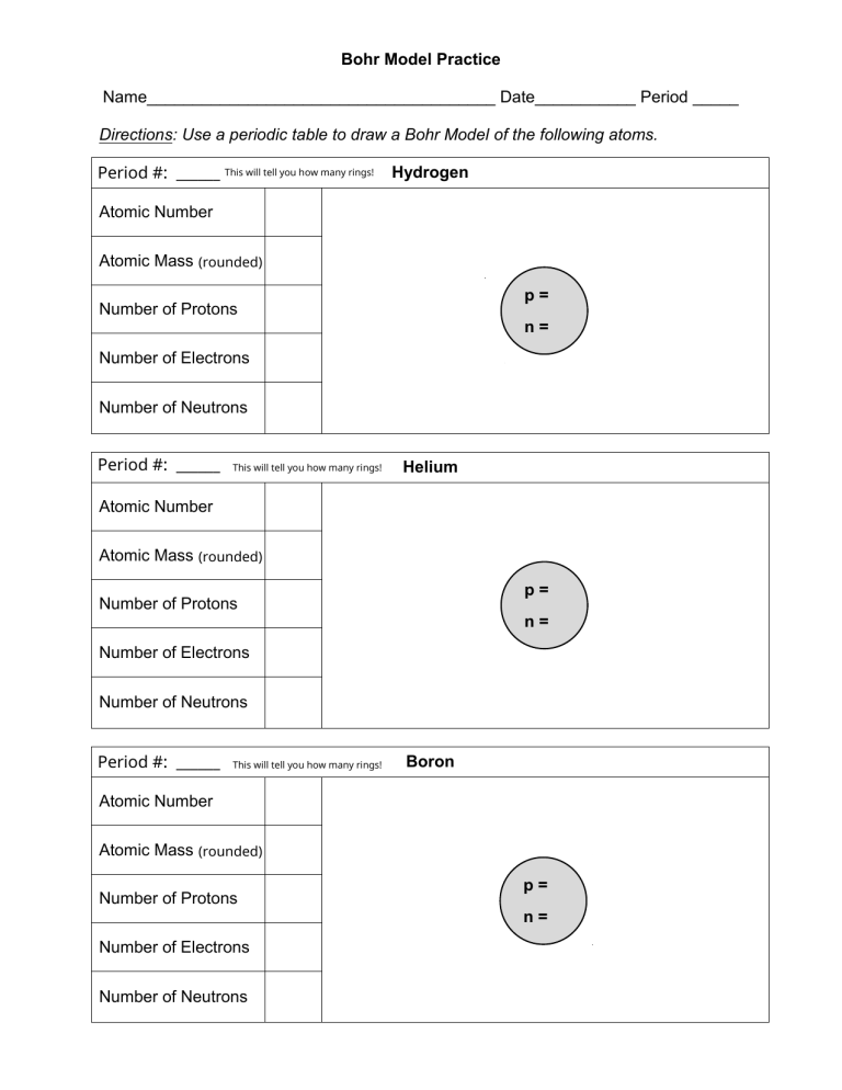 Bohr Model Practice Worksheet: Draw Atoms & Calculate Subatomic Particles
