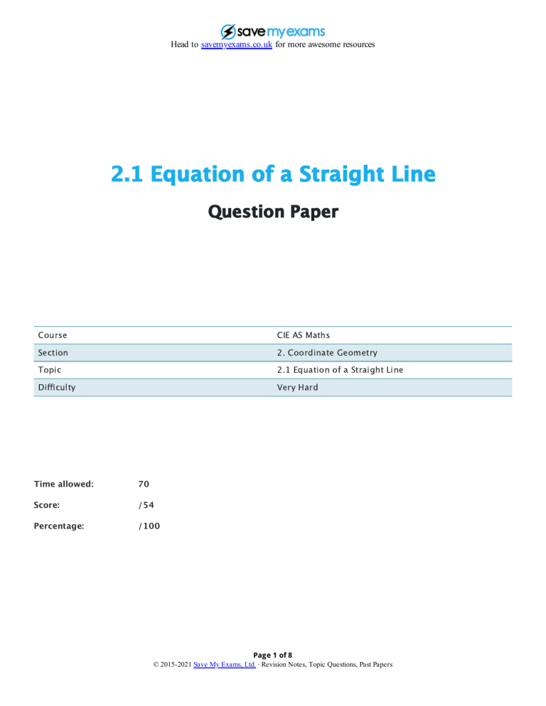 Equation of a Straight Line: CIE AS Maths Question Paper