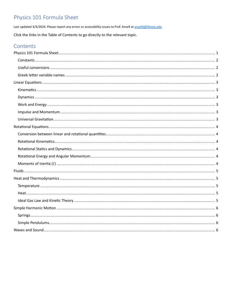 Physics 101 Formula Sheet | Constants, Kinematics, Energy, Fluids
