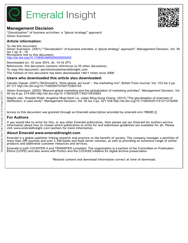 Glocalization of Business Activities: A Glocal Strategy Approach