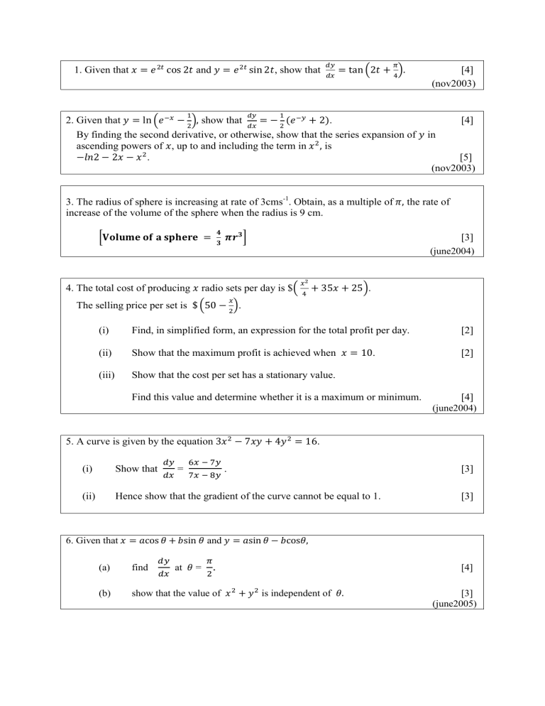 Math Exam Questions: Calculus & Related Topics