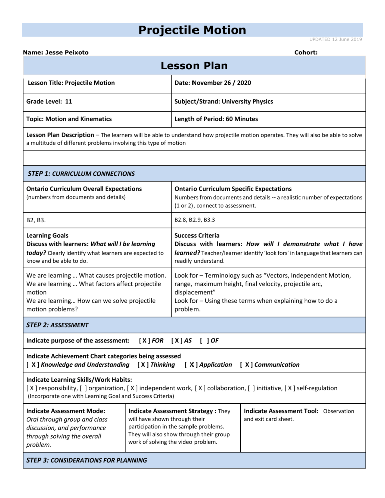Projectile Motion Lesson Plan | Grade 11 University Physics Kinematics