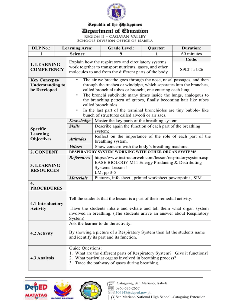 Respiratory System Lesson Plan: Grade 9 Science