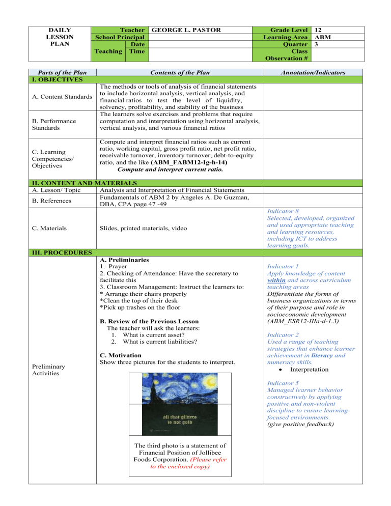 ABM Lesson Plan: Financial Statement Analysis & Current Ratio