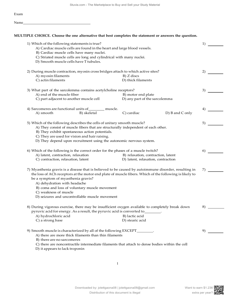 Muscle Physiology Exam: Multiple Choice Questions
